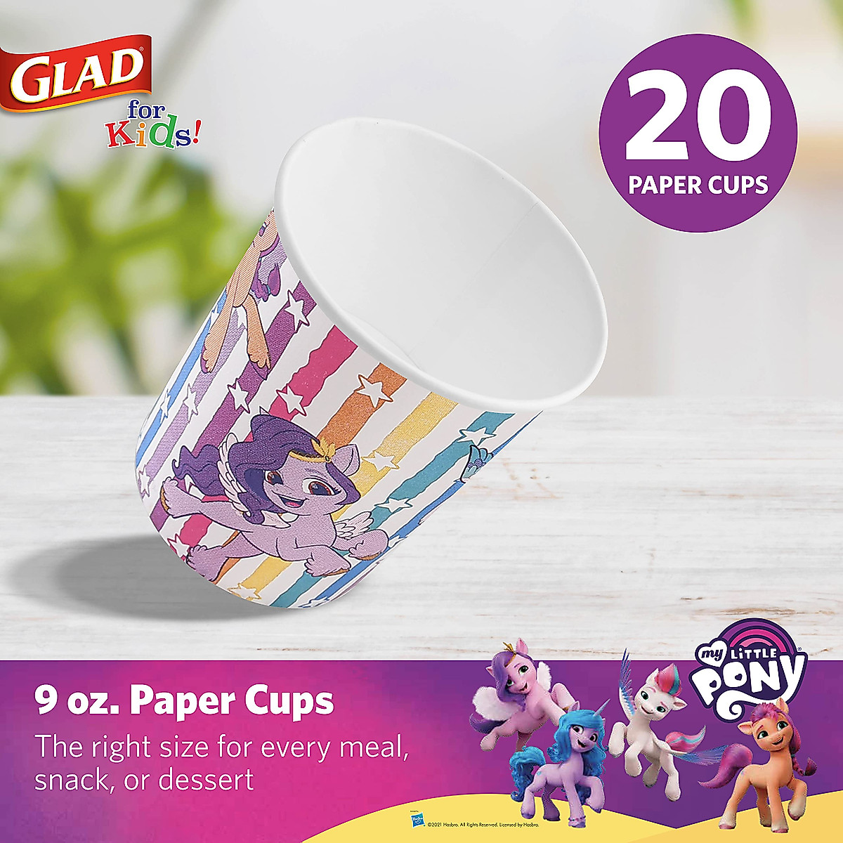 Glad for Kids My Little Pony Paper Cups | My Little Pony Cups with Stripes, Kids Drinking Cups | My Little Pony Unicorn Paper Cups for Everyday Use, 9 oz Paper Cups 20 Ct