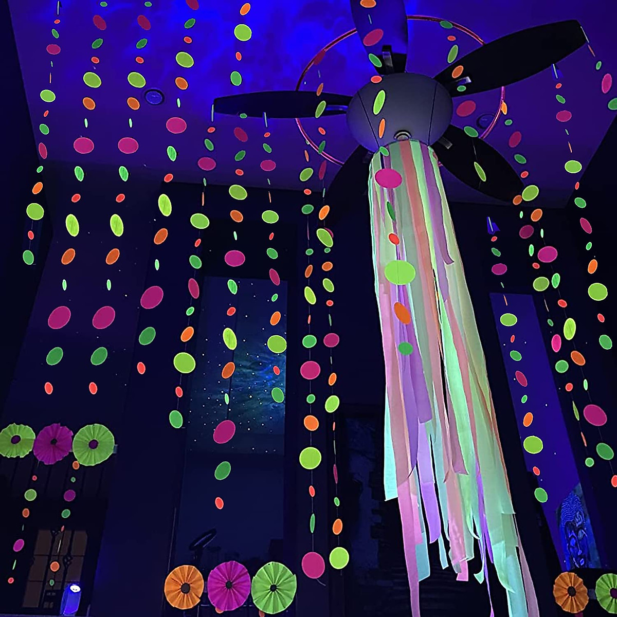 110feet UV Round Dot Paper Neon Garland Neon Streamers Black Light Neon Decorations for Dark Glow Party UV Reactive Neon Party Favors Glow in The Dark Party Supplies Wedding Birthday Banner Decoration