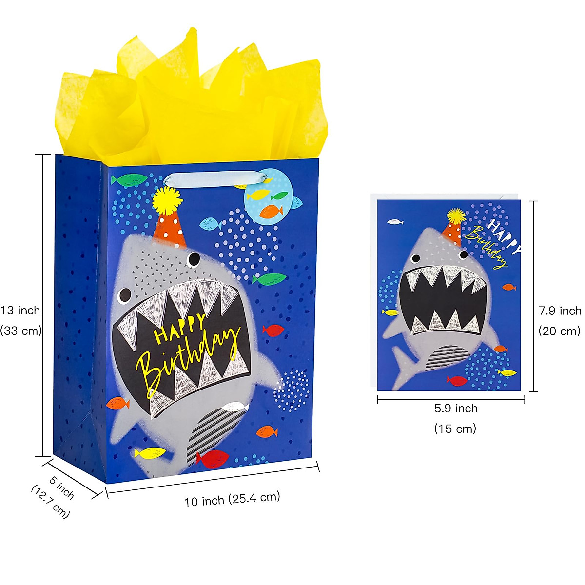 LeZakaa 13" Birthday Gift Bag, Medium Blue Gift Bag with Tissue Paper, Gift Tag and Card - Shark with Word Happy Birthday Design for Boy, Girl, Kids