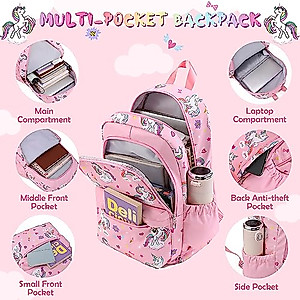 Unineovo Unicorn Girls School Backpack Set 3 in 1, Girls Pink Unicorn Bookbag, Backpack, Lunch Box, and Pencil Case for Elementary School