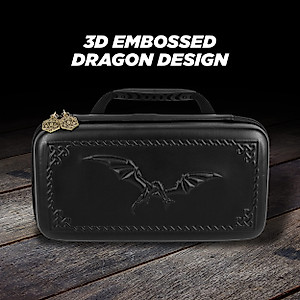 CASEMATIX Dice Box and Card Case for 9 Sets of RPG Dice, Spell Cards, Counters and Other Accessories - Hard Shell Dice Holder with Embossed Dragon Design, Carry Handle and Dice Tray Functionality