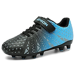 ASHION Unisex-Kids Soccer Cleats for Boys Girls Turf Firm Ground No-Tie Football Shoes Durable Black/Blue