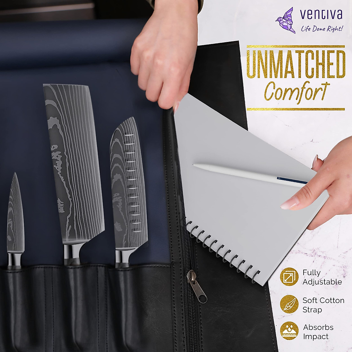 Ventiva - Black Leather Knife Roll Storage Bag, 9 Pockets w/ Large Utility Pocket, Adjustable/Detachable Shoulder Strap, Travel-Friendly and Durable