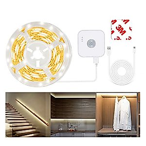 Motion Sensor LED Light Strip with Dual Power Supply and Auto Shut-Off Timer, Night Light, Motion Activated Waterproof LED Strip Light for Kitchen, Cabinet, Bedroom, Shelf, Bed Warm White 3000K
