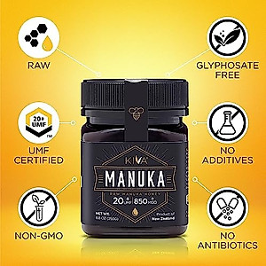 Kiva Raw Manuka Honey UMF 20+ | MGO 850+ | 100% Pure New Zealand Honey (8.8oz/250g BPA-Free Jar) | UMF and MGO Certified | GMO-Free | No Antibiotics | Traceable