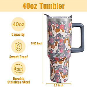 Cavalier King Charles Spaniel Gifts for Women Dog Lovers 40 oz Floral Cavalier King Charles Spaniel Tumblers with Handle and Straw, Stainless Steel Vacuum Insulated Travel Coffee Mug Cup Water Bottle