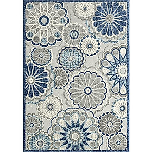 Abani Contemporary Design 4' x 6' Blue & Grey Floral Area Rug Rugs - Unique Non-Shed Modern Flower Print Indoor/Outdoor Rug