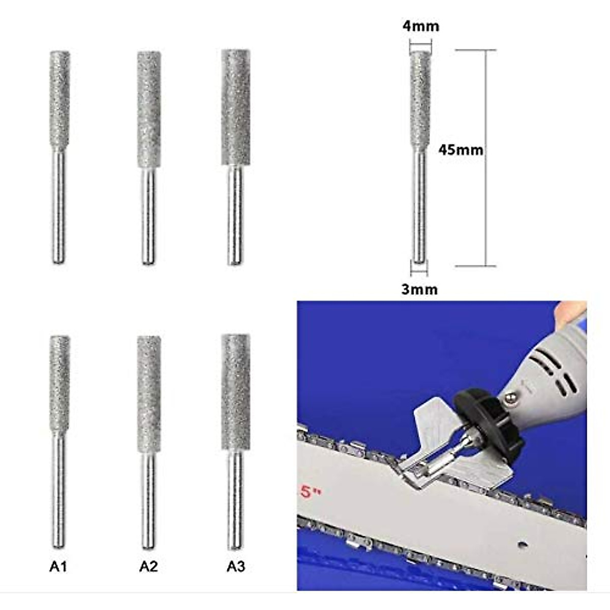 Chiloskit 12pcs 1/8 Shank Polishing Chainsaw Grinding Head Sharpener Burr Stone File Saw Tools 4/4.8/5.5MM (Diamond)