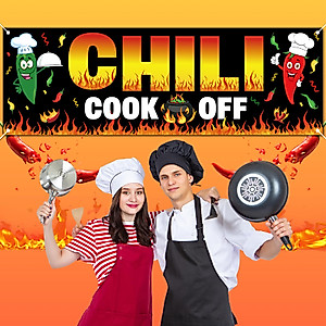 QOUBAI Chili Cook Off Decorations Banner 71 x 24 Inches Black Hot Chili Pepper Contest Banner Chili Cook Off Party Supplies for Mexican Fiesta Cinco De Mayo Chili Cooking Competition Festival Prizes