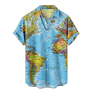 SMIDOW Funny World Map Print Hawaiian Shirts for Men Short Sleeve Button Down Funky Summer Casual Beach Aloha Shirt