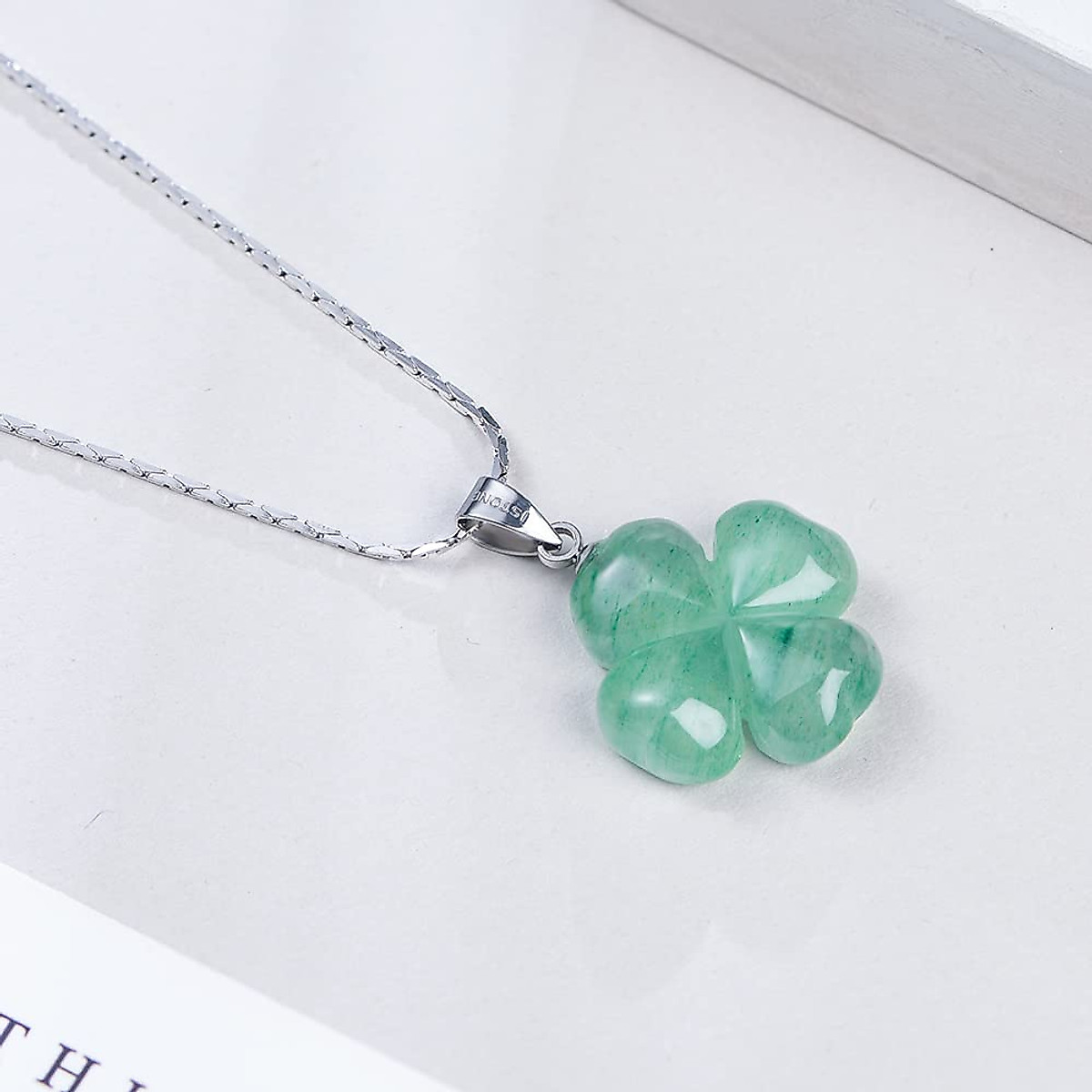 iSTONE Green Jade Lucky Four Leaf Clover Heart Pendant 925 Sterling Silver Necklace 18 Inches Fine Jewelry for Women St. Patrick's Day