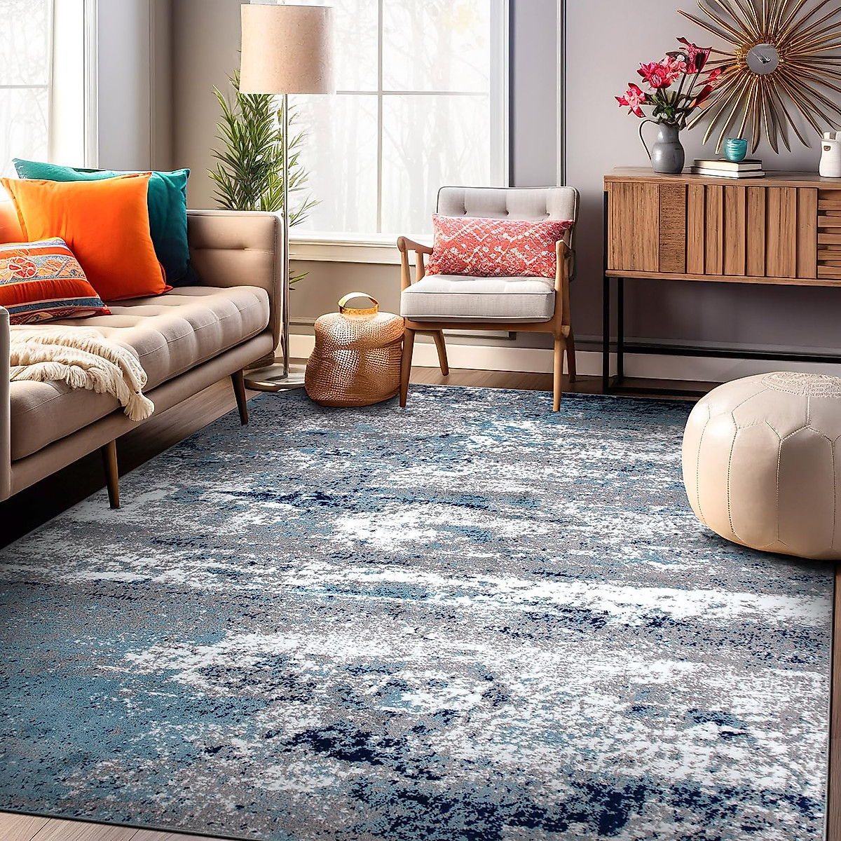 Rugshop Distressed Abstract Watercolor Area Rug 7'10" x 10' Blue