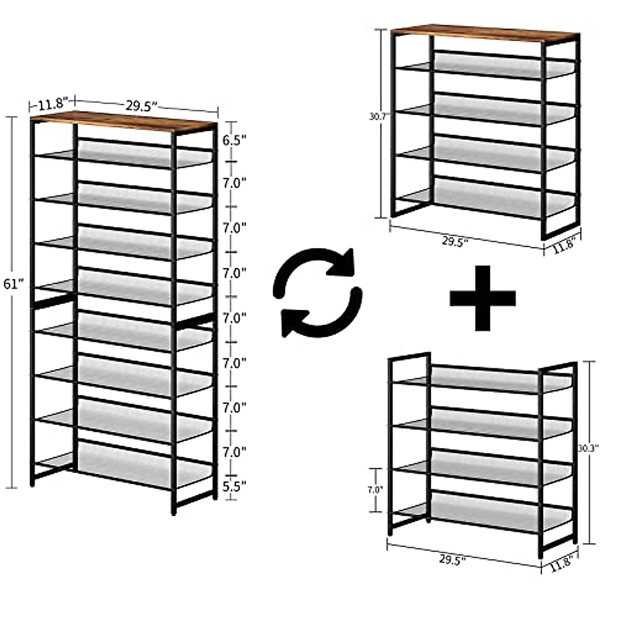 AEPOALUA Shoe Rack, 9-Tier Shoe Organizer, Tall Shoe Storage for Entryway, Closet, Garage, Large Shoe Rack Storage Organizer, Set of 2 5-Tier add 4-Tier Stackable Shoe Shelf, Industrial, Rustic Brown