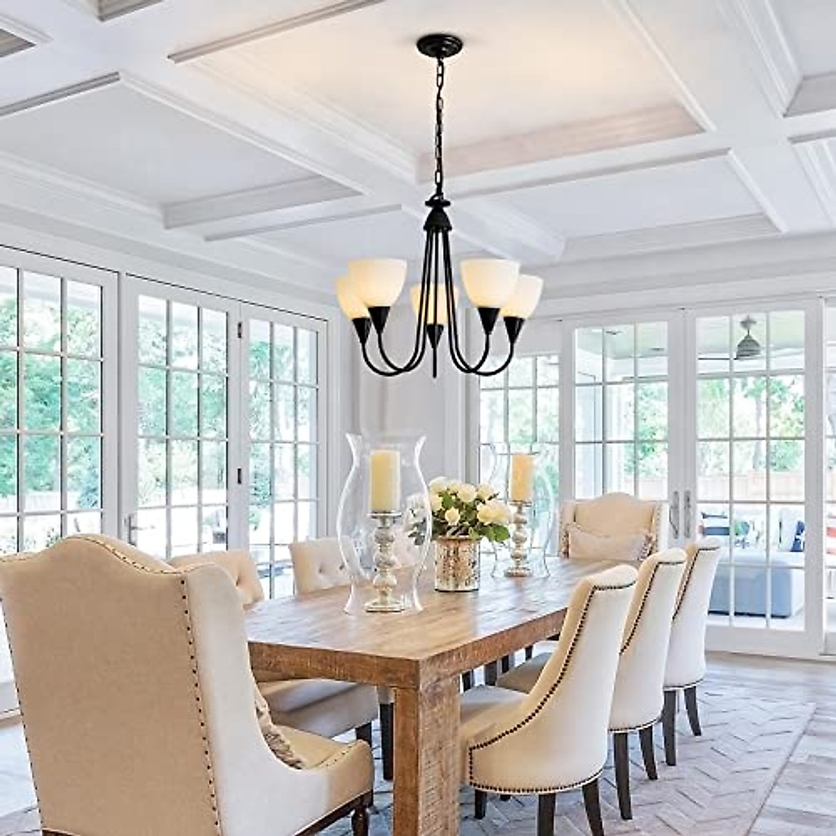 HuisMier 5 Light Contemporary Chandeliers with Alabaster Glass Shade, Modern Black Dining Room Chandelier Mid Century Hanging Pendant Lighting Fixtures for Living Room Foyer Bedroom