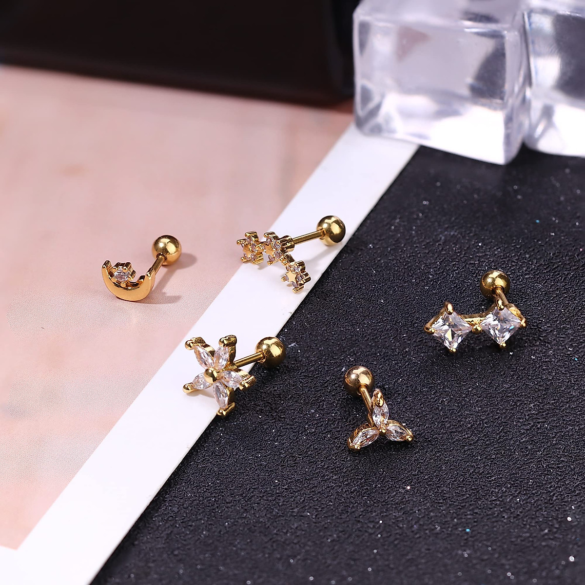 Magitaco 10Pcs 18G Cartilage Earrings Stainless Steel Moon Star Flower Tragus Earrings Conch Helix Piercing Jewelry for Women