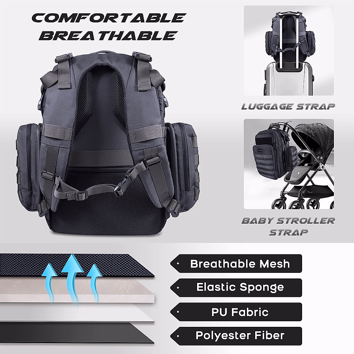 Dad Diaper Bag, Mens Diaper Bag Backpack with Diaper Changing Mat, Military Diaper Backpack with Molle Webbing, Waterproof Pouch, Baby Wipes pocket, Insulated Bottle Pockets- Dark Grey