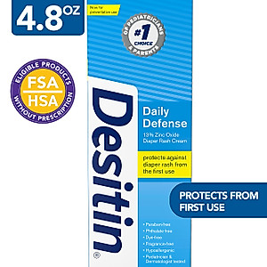 Desitin Daily Defense Baby Diaper Rash Cream with Zinc Oxide to Treat, Relieve & Prevent diaper rash, Hypoallergenic, Dye-, Phthalate- & Paraben-Free, 4.8 oz