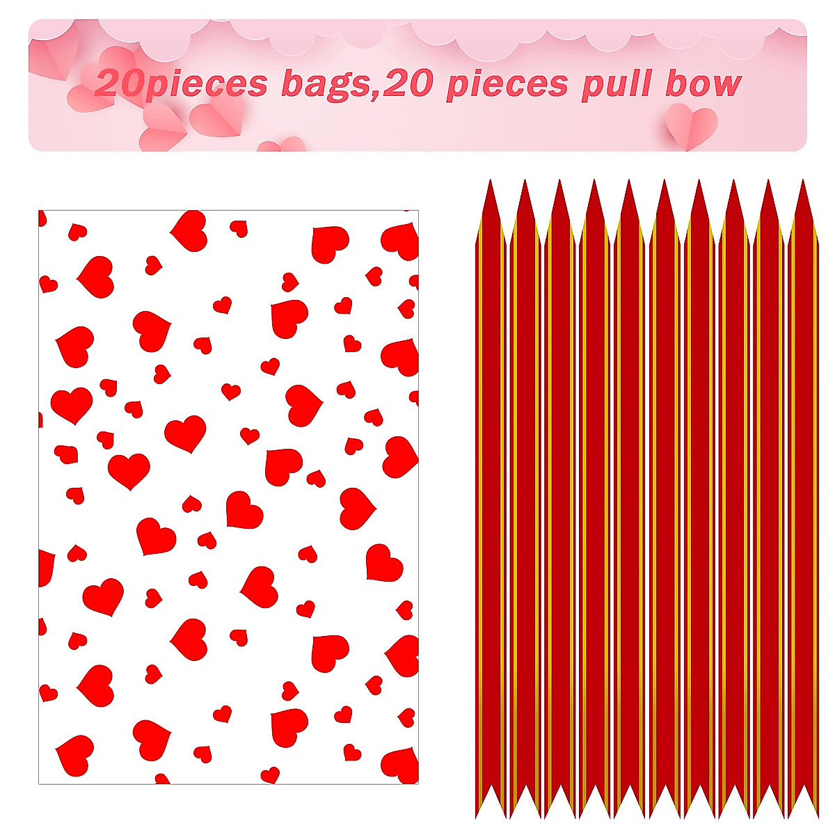 Kolewo4ever 40pcs Heart Cellophane Basket Bags Set 20pcs Heart Cellophane Wrap Clear Basket Bags With 20pcs Red Pull Bows for Valentine, Weddings, Bridal or Baby Showers (12x18inches)