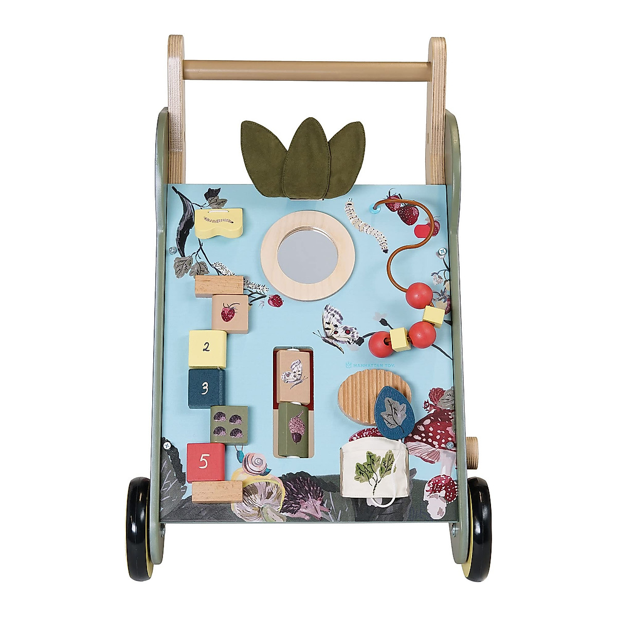 Manhattan Toy Wildwoods Owl Wooden Push Cart with Shape Sorter and Basket, Serrated Oval, Spinners, Bead Run and More Medium