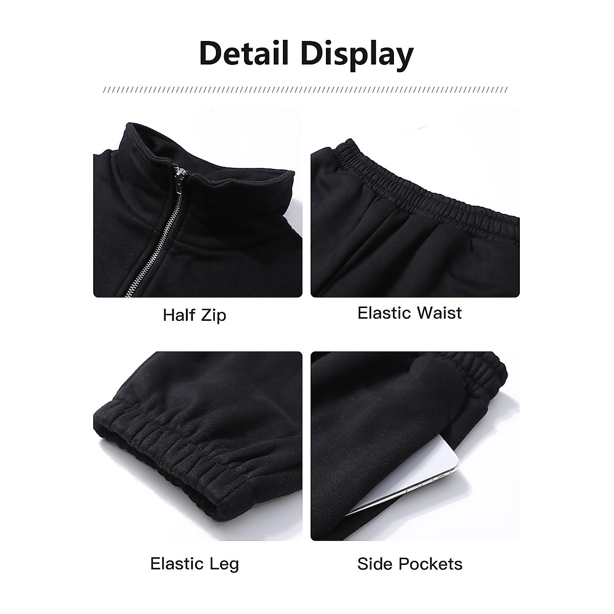 Kissonic Womens Two Piece Outfits Tracksuit Sets Half Zipper Fleece Joggers 2 Piece Long Sleeve Sweatshirts Jogger Pant(Black-L)