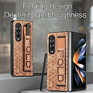 EAXER for Samsung Galaxy Z Fold 3 5G Case, Luxury Fashion Leather Case Cover with Wristband Strap & S Pen Holder Folding PU Leather Phone Case (Brown)