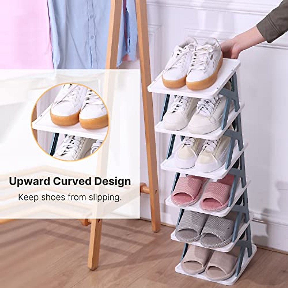 Kacimil Shoe Rack, 6 Tiers Shoe Organizer, Free Standing Shoe Storage, Stackable Shoe Rack for Closet, Entryway, Small Space, Corner, Bedroom - Blue