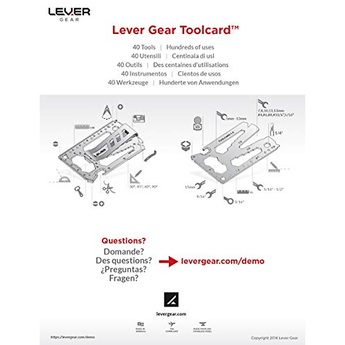 Lever Gear Toolcard Pro - 40 in 1 Credit Card Multitool. Slim, Minimalist Survival Card Wallet Tool Card. TSA Approved Multitool Card Pocket Tool. (Black)