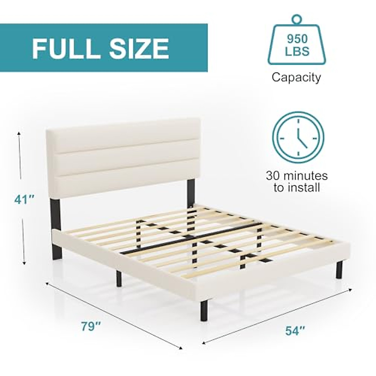IYEE NATURE Full Bed Frame with Headboard,Sturdy Platform Bed with Wooden Slats Support,No Box Spring,Mattress Foundation,Easy Assembly,Beige
