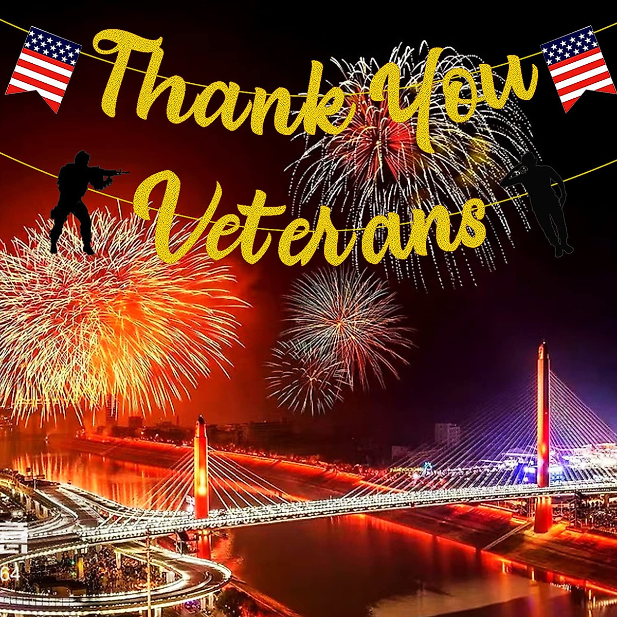 4th of July Independence Day Party Decorations, Gold Glitter Thank You Veterans Banner, American Veterans Day Party Decorations, 4th of July Patriotic Theme Party Decorations