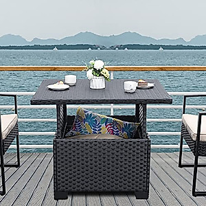 Outdoor PE Wicker Liftable Coffee Table - Patio Rattan Garden Furniture Multi-Functional Storage Tea Table, Black