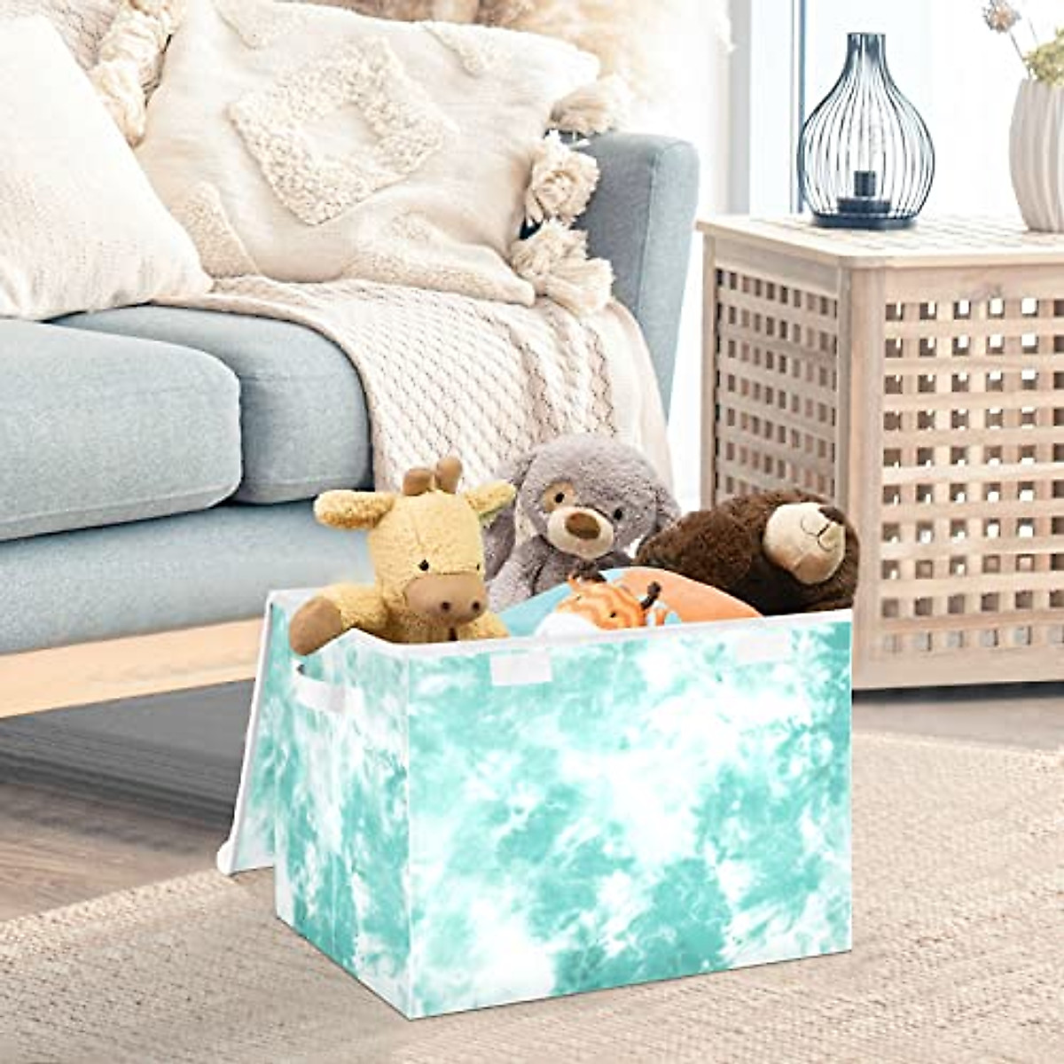 innewgogo Tie Dye Teal Storage Bins with Lids for Organizing Storage Bin with Handles Oxford Cloth Storage Cube Box for Toys