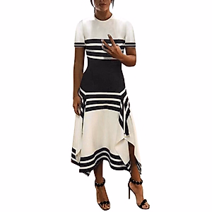 F_Gotal Womens Dresses Summer Casual Crew Neck Striped Short Sleeve Long Maxi Dress Holiday Evening Party Cocktail White