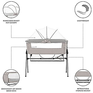 Dream On Me Lotus Bassinet and Bedside Sleeper in Grey, Lightweight and Portable Baby Bassinet, Adjustable Height Position, Easy to Fold and Carry Travel Bassinet- Carry Bag Included