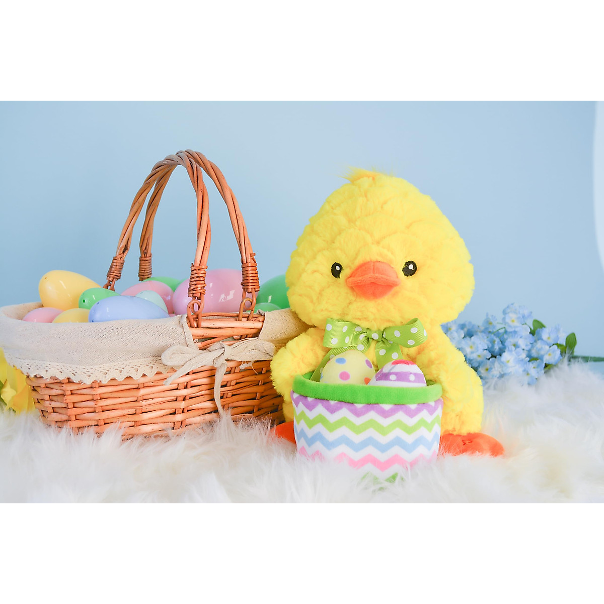 Cuddle Barn - Basket of Eggs - Chick | Easter Basket Stuffer Animated Animal Plush Toy Chick Holds Basket of Plush Eggs and Twirls Around to Bunny Hop, 10 inches