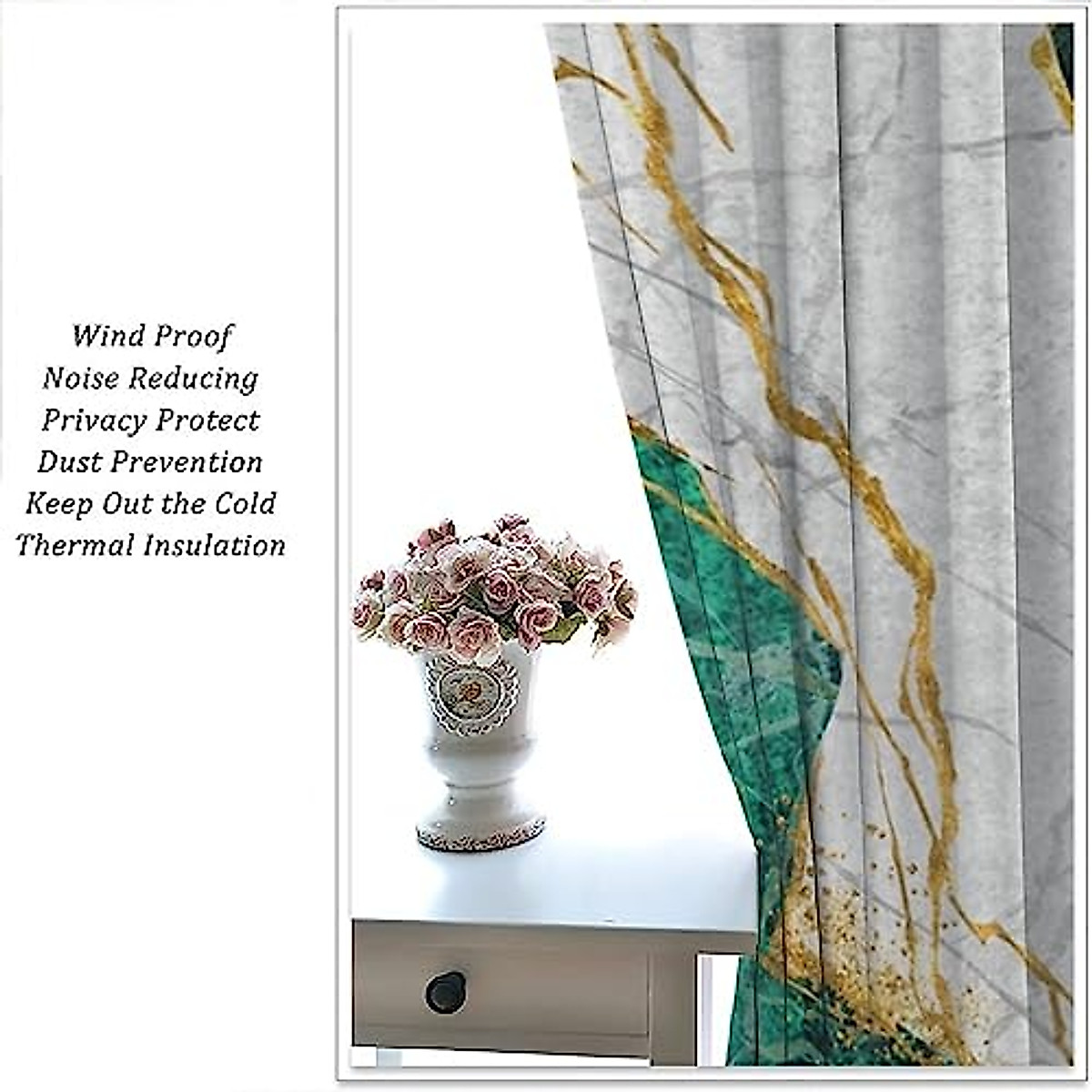 Marble Blackout Curtain,Ombre Emerald Green Golden Texture Backdrop Drapes,Rod Pocket Insulated Window Curtains for Living Room Bedroom Kitchen,42x45in