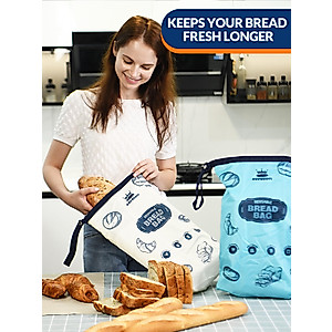 Royoroyi Bread Bags for Homemade Bread,2 Packs Reusable Bread Bag,Freezer Bread Storage Bag,Waterproof Zipper Bread Container to Keep Bread Fresh gift giving (beige， Jewel Blue)
