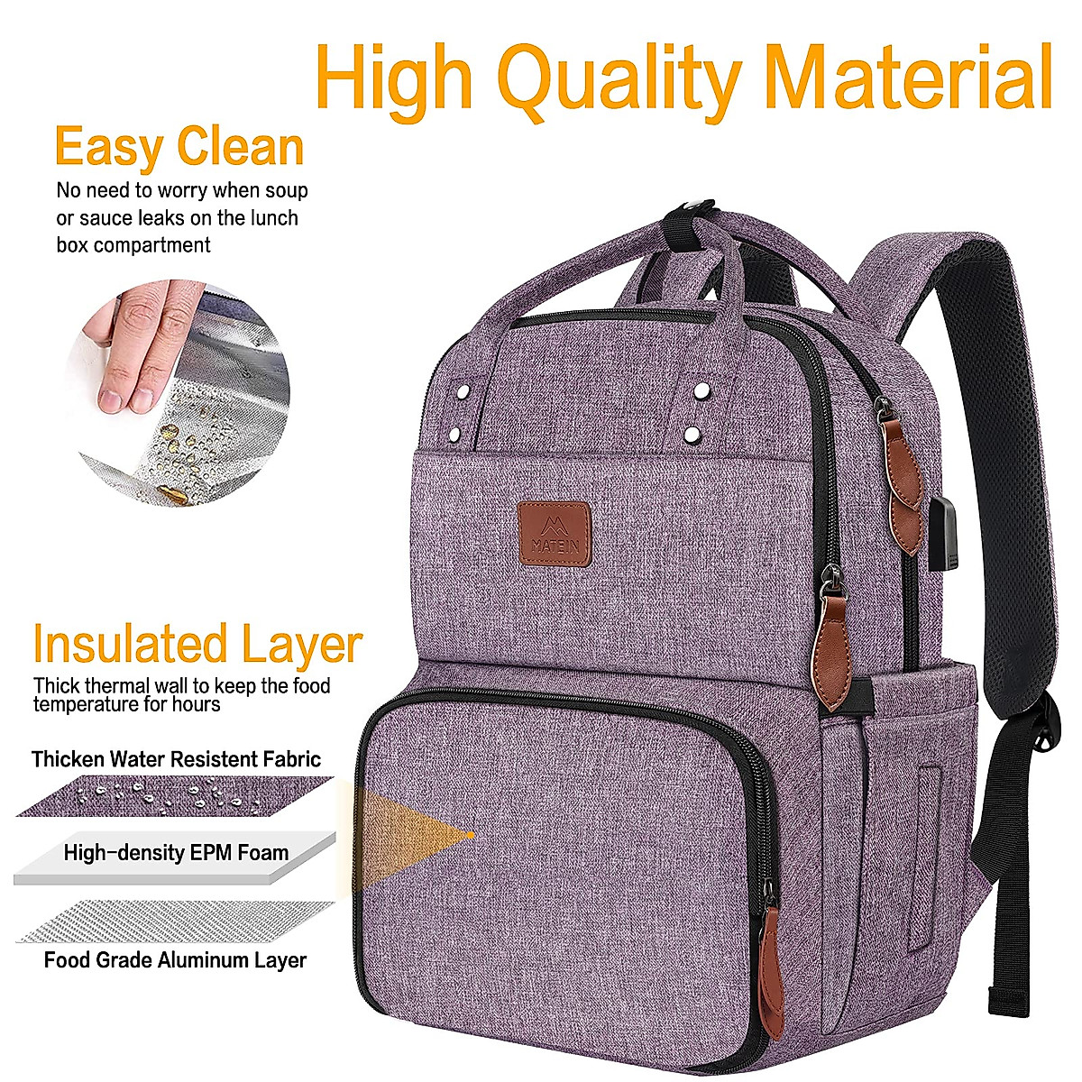 MATEIN Laptop Backpack with Lunch Box, Insulated Women Backpacks with Cooler Compartment, 15.6 inch Water Resistent Tote Food Bag with USB Charging Port for College Beach Camping Picnics Hiking