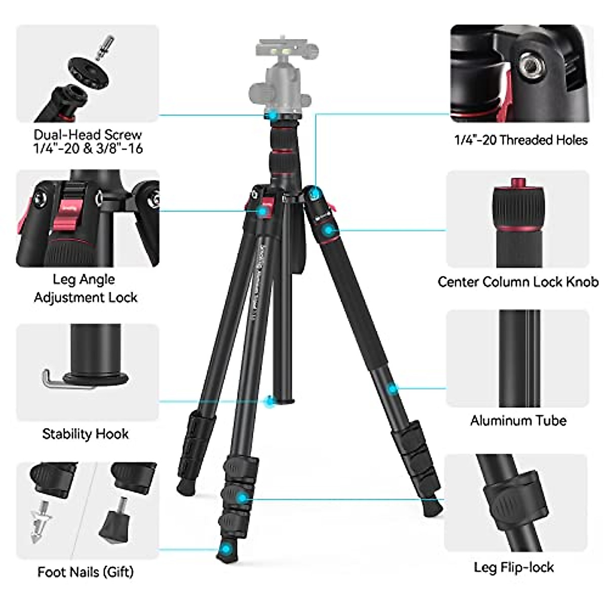 SmallRig 68" Camera Tripod, Foldable Aluminum Tripod & Monopod, Compatible with 1/4"-20 and 3/8"-16 Video Head, Payload 33lb, Adjustable Height from 19.7" to 67.7" for Camera, Phone - 3983