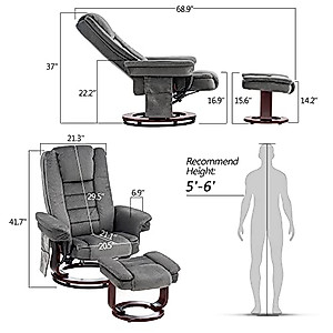 MCombo Recliner Chair with Ottoman, Fabric Accent Chair with Vibration Massage, Swivel Chair with Wood Base, for Living Reading Room Bedroom, 9099 (Grey)