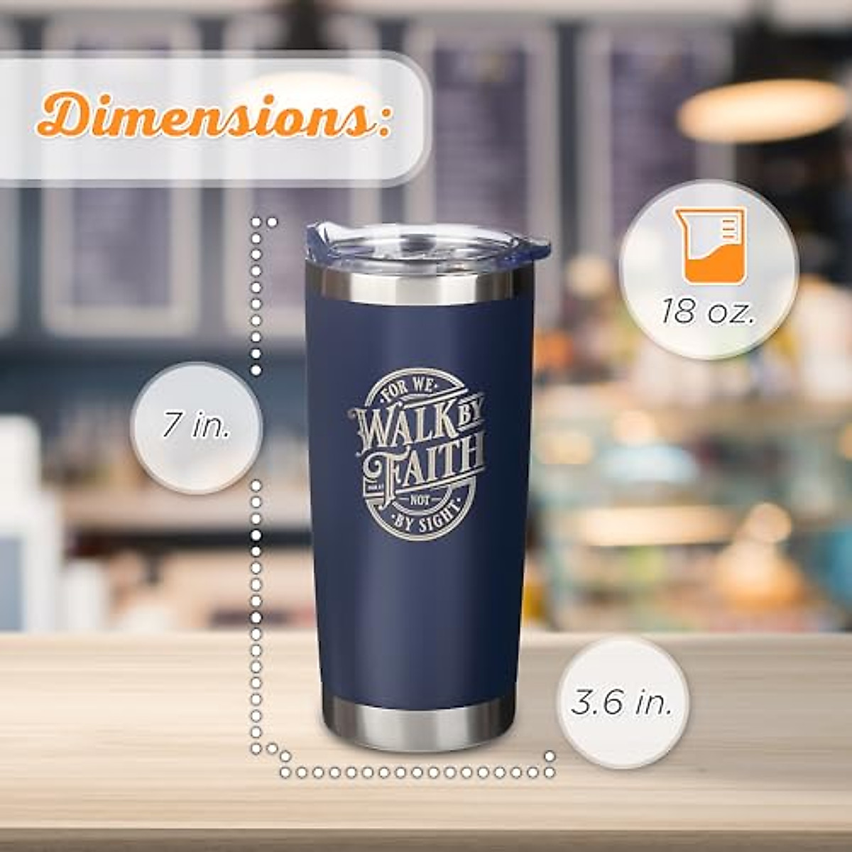 Christian Art Gifts Large Travel Tumbler for Men & Women Stainless Steel Vacuum Insulated Inspirational Scripture: Walk by Faith, Retractable Lid, Navy Blue, 18 oz.