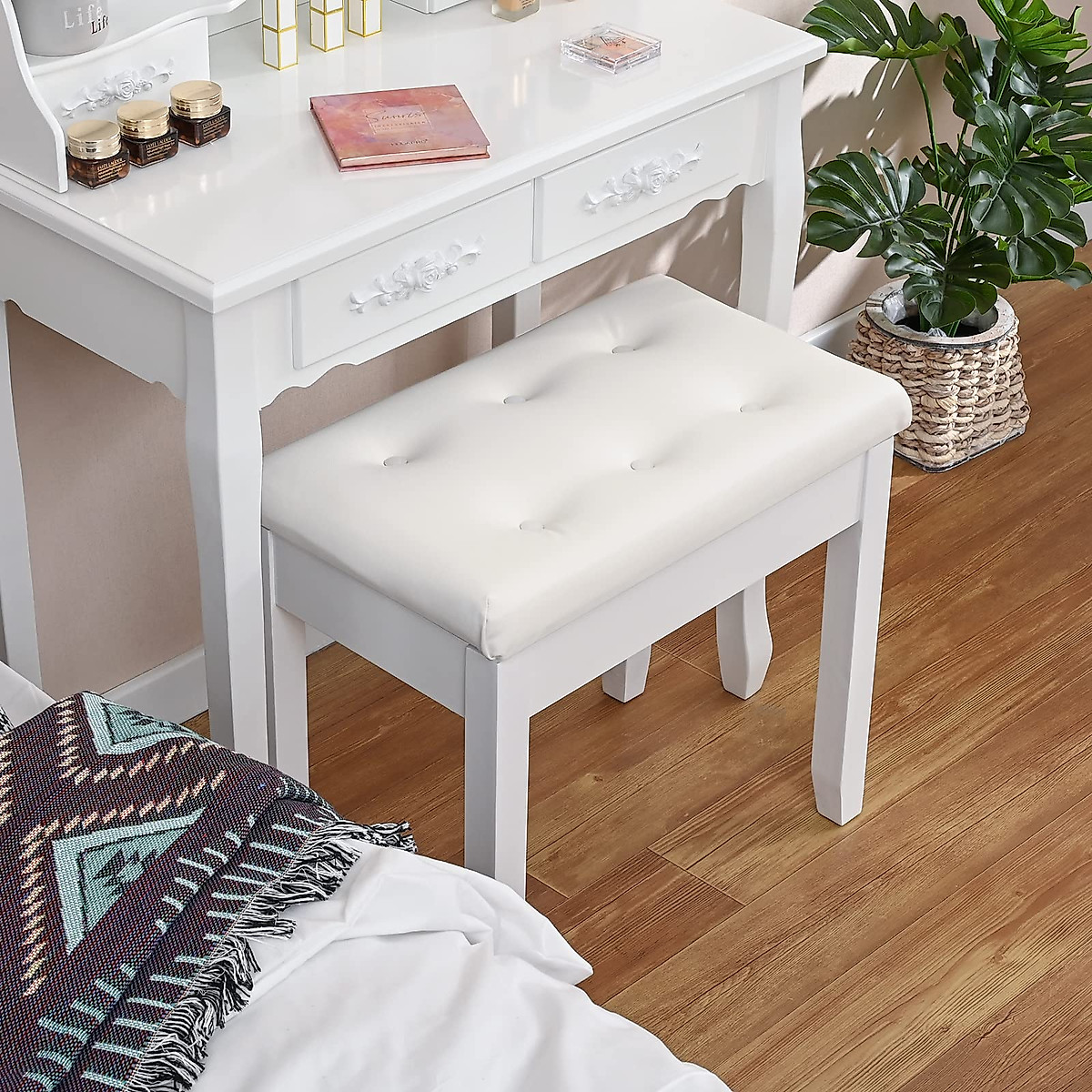 Iwell Piano Bench with Padded Cushion and Storage Compartment for Music Books, Keyboard Bench, Vanity Stool Chair with Solid Wood Leg, 20.5" L x 12.6" W x 19.7" H, White