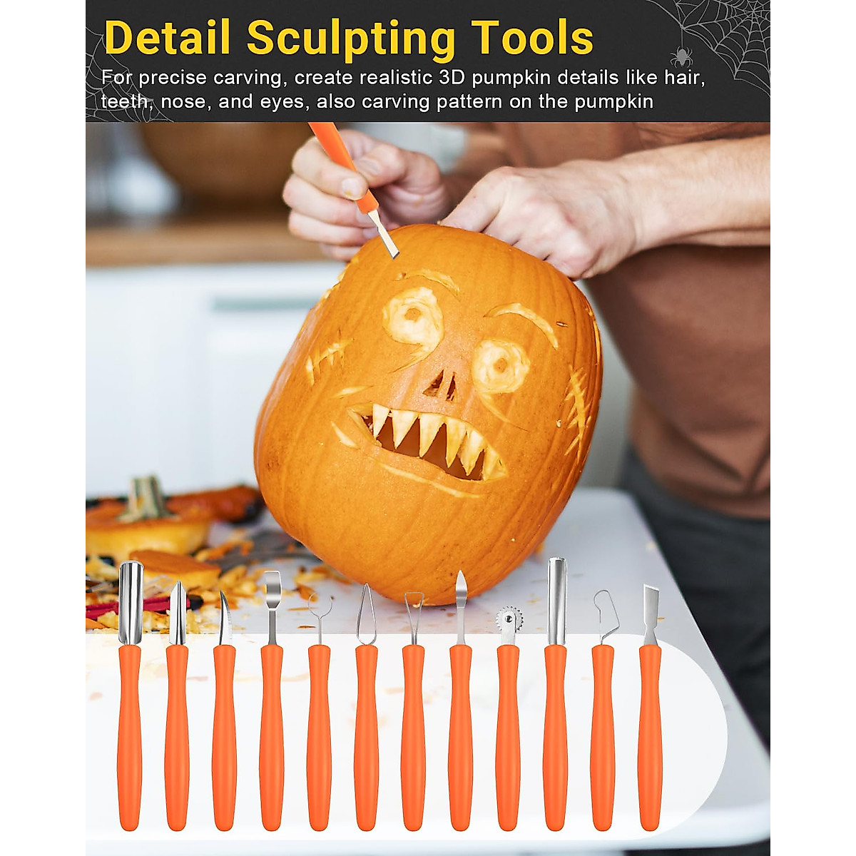 Luditek Pumpkin Carving Kit, 17 PCS Professional Stainless Steel Pumpkin Carving Tools with 4 Electronic Candles Lights and 10 Stencils, Halloween Gifts Jack-O-Lanterns Cutting for Adults Kids