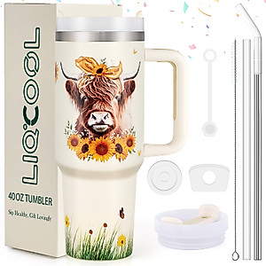 LiqCool Highland Cow Gifts-40 Oz Tumbler with Handle, Cow Print Gifts for Girls Who Love Highland Cow Cup, Cow Theme Stuff Birthday Gifts for Farmers Cow Lovers(Full Printing)