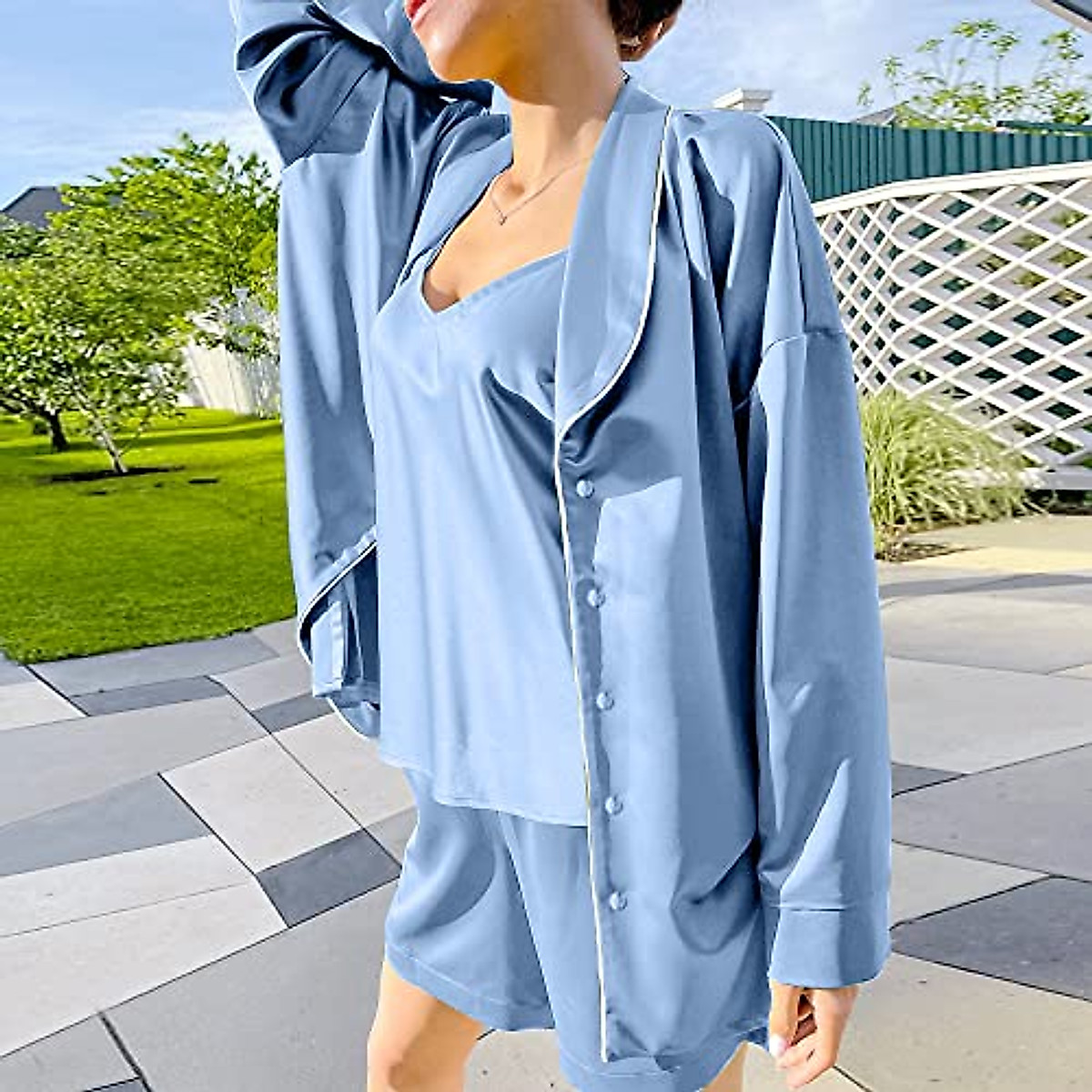 Womens Pajama Sets Silk Satin 3 Piece Sleepwear Cami Shorts and Long Sleeve Top Set Soft Comfy Loungewear, 3-blue-imitation Silk-3pcs