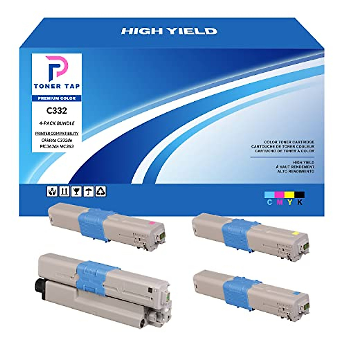 Toner Tap High Yield for Okidata C332dn MC363dn (4 Pack Bundle) 46508704 46508703 46508702 46508701 Replacement Compatible Cartridges