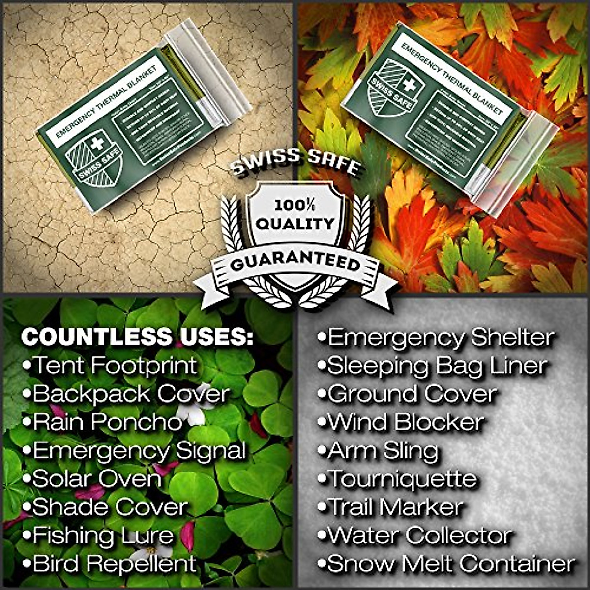 Swiss Safe Emergency Blankets for Survival Kit - Mylar Thermal Blankets - NASA-Designed Body Warmer for Camping, Hiking & Outdoor Activities, Bug Out Bag - 4 Pack w/Bonus Gold Foil Space Blanket Fit