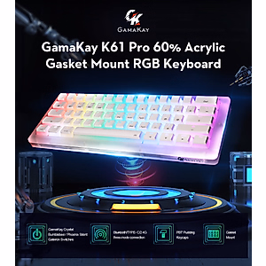 GK GAMAKAY K61 Pro 60% RGB Gasket Mechanical Keyboard, Bluetooth/USB-C Wired/2.4GHz Wireless 61 Keys Hot Swap Gaming Keyboard with CNC Acrylic Base Pudding PBT/ABS Keycaps (Gateron Red Switch)