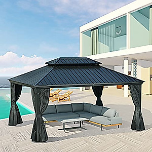 WeYard Hardtop Gazebo for Patios, Portofino 12’x16’, Permanent Alum-Frame & Steel-Structure Pergola, for Outdoor Relax/Grill/BBQ, with All-Sides Nettings, Curtains…