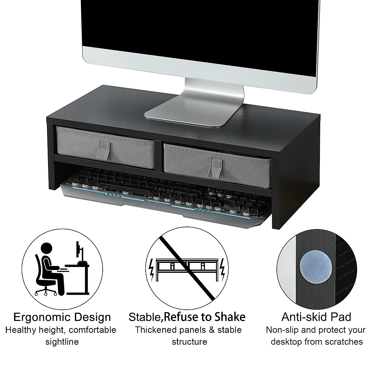 TEAMIX 2 TIer Monitor Stand Riser, 20 inch Monitor Riser with 2 Drawers, Laptop/TV Riser Computer Stand with Keyboard Storage, Desk Organizer for Home Office