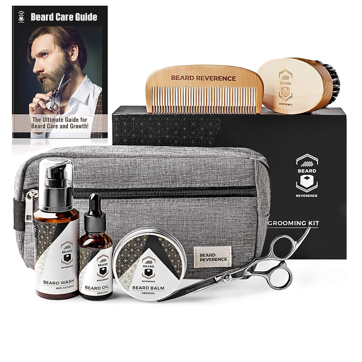 Beard Reverence Premium Beard Grooming Kit for Men Care w/Upgraded Travel Bag – All-Natural Beard Oil, Beard Balm Butter Wax, Beard Wash, Scissors, Comb, Boar Bristle Brush with Gift Set Box